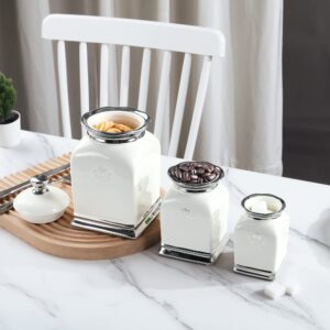 fanquare White Canisters Set of 3, Farmhouse Porcelain Cookie Jars for Countertop, Large Ceramic Sugar Container with Lid, Spice Jar with Label