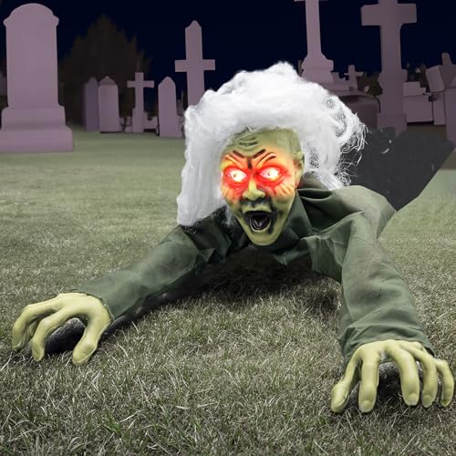 Hourleey Halloween Outdoor Decorations, Animated Zombie Groundbreaker Climbing Prop Halloween Decor with Lighted Eyes and Scary Sound for Graveyard Haunted House Indoor Lawn Yard