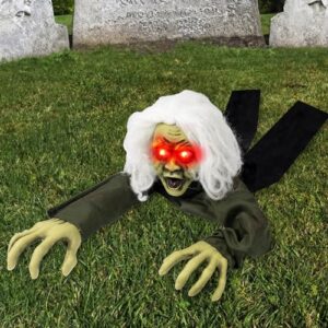 Hourleey Halloween Outdoor Decorations, Animated Zombie Groundbreaker Climbing Prop Halloween Decor with Lighted Eyes and Scary Sound for Graveyard Haunted House Indoor Lawn Yard