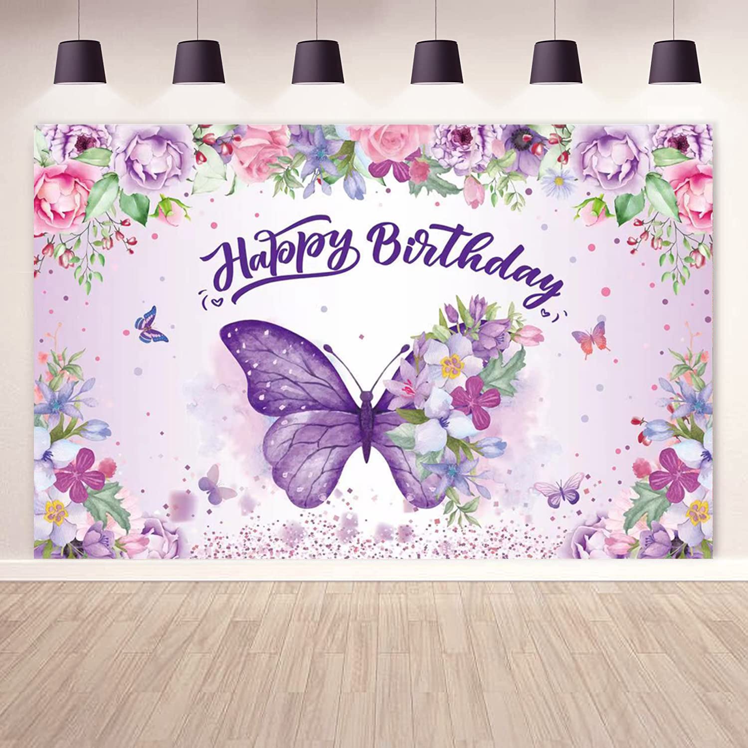 Butterfly Happy Birthday Backdrop, Purple Butterfly Decorations Banner for Girl Women Floral Butterfly Backdrop for Baby Shower Fairy Birthday Decorations, Spring Butterfly Birthday Party Supplies