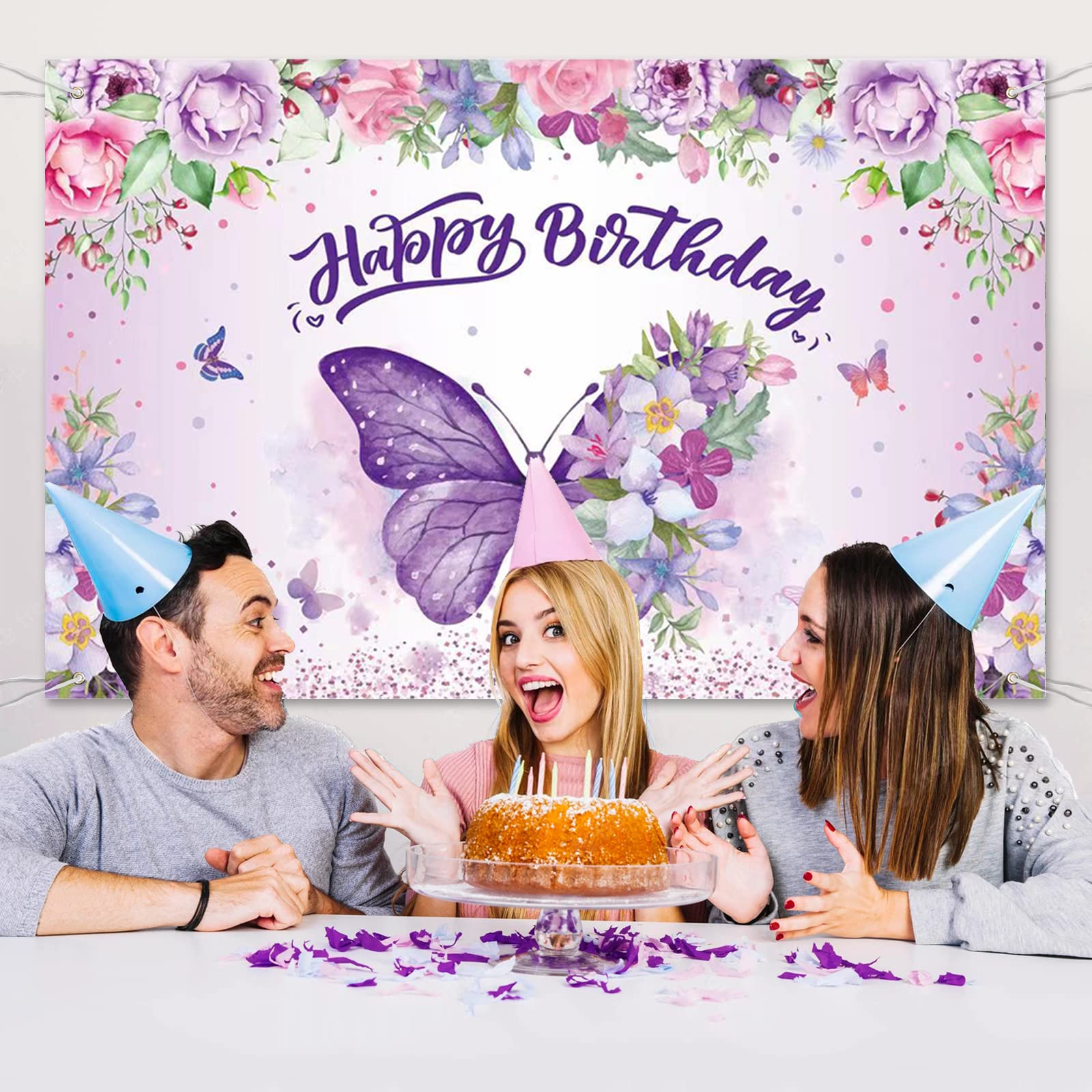 Butterfly Happy Birthday Backdrop, Purple Butterfly Decorations Banner for Girl Women Floral Butterfly Backdrop for Baby Shower Fairy Birthday Decorations, Spring Butterfly Birthday Party Supplies