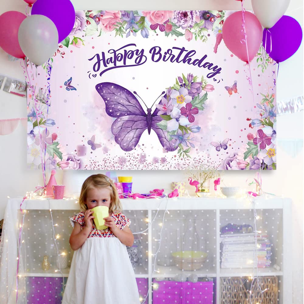 Butterfly Happy Birthday Backdrop, Purple Butterfly Decorations Banner for Girl Women Floral Butterfly Backdrop for Baby Shower Fairy Birthday Decorations, Spring Butterfly Birthday Party Supplies