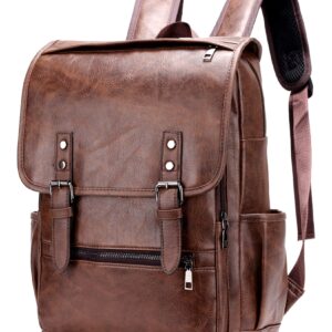 Men's Business Travel Backpack Vintage PU Leather Large Capacity Bookbag 15.6 inch Laptop Daypacks (B/Brown)