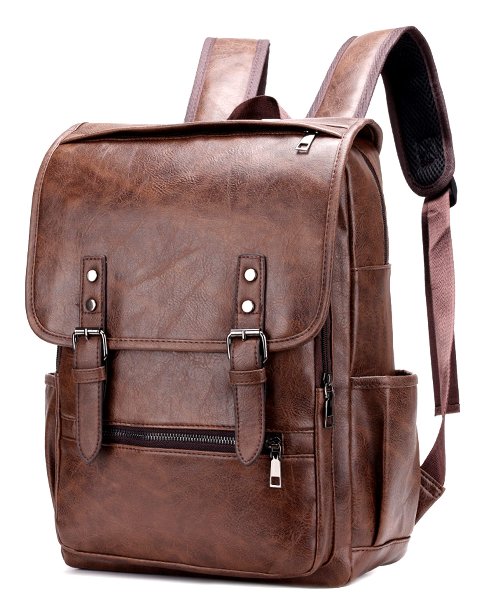 Men's Business Travel Backpack Vintage PU Leather Large Capacity Bookbag 15.6 inch Laptop Daypacks (B/Brown)