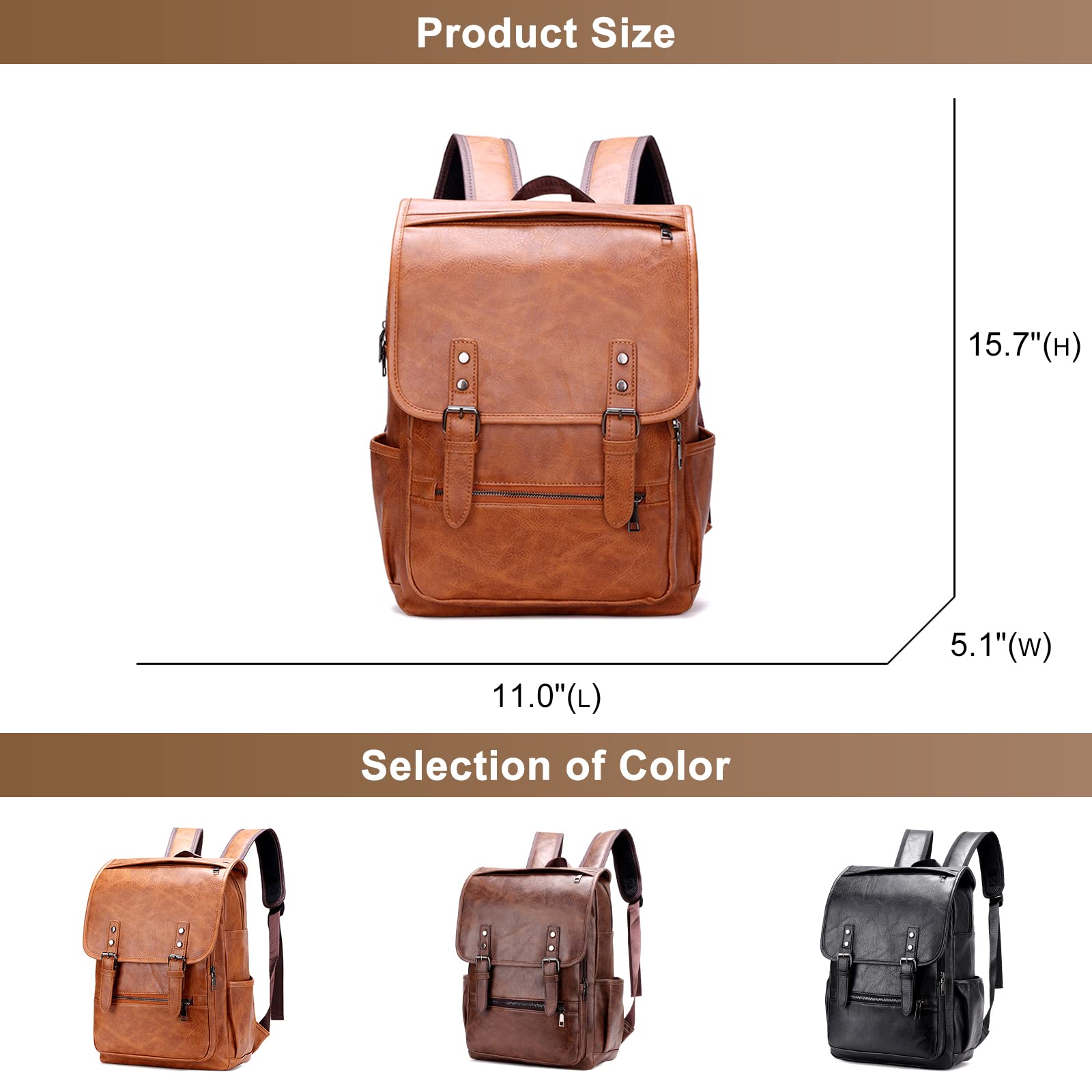 Men's Business Travel Backpack Vintage PU Leather Large Capacity Bookbag 15.6 inch Laptop Daypacks (B/Brown)