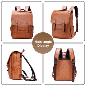 Men's Business Travel Backpack Vintage PU Leather Large Capacity Bookbag 15.6 inch Laptop Daypacks (B/Brown)