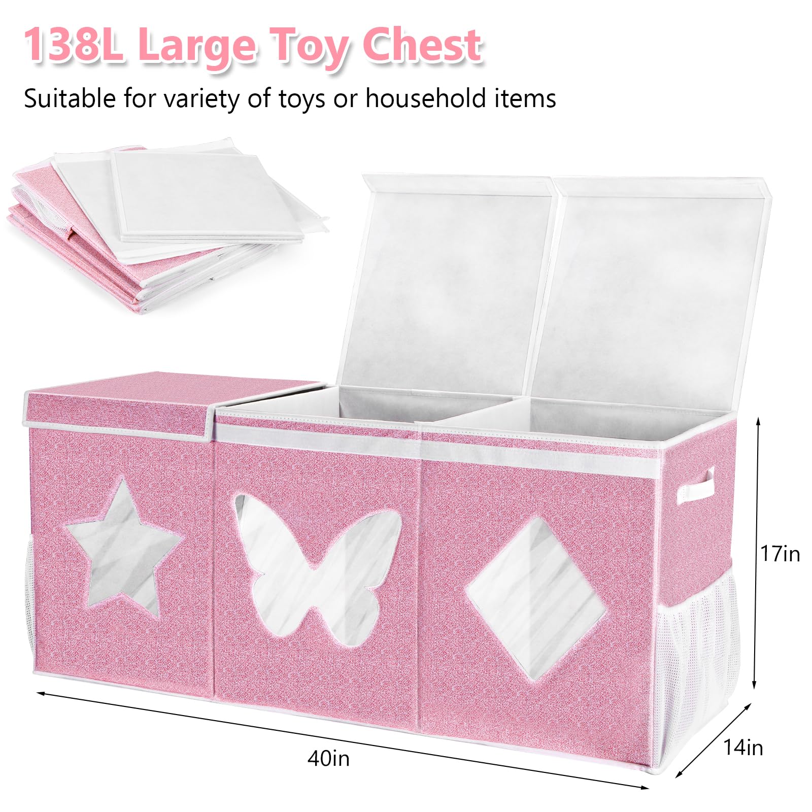 Extra Large Toy Box Chest for Girls, Collapsible Sturdy Toy Chest Bins with Lids, Kids Toy Storage Organizer Baskets for Kids, Boys, Girls, Nursery Room, Playroom, Bedroom, Closet, 40x14x17inch