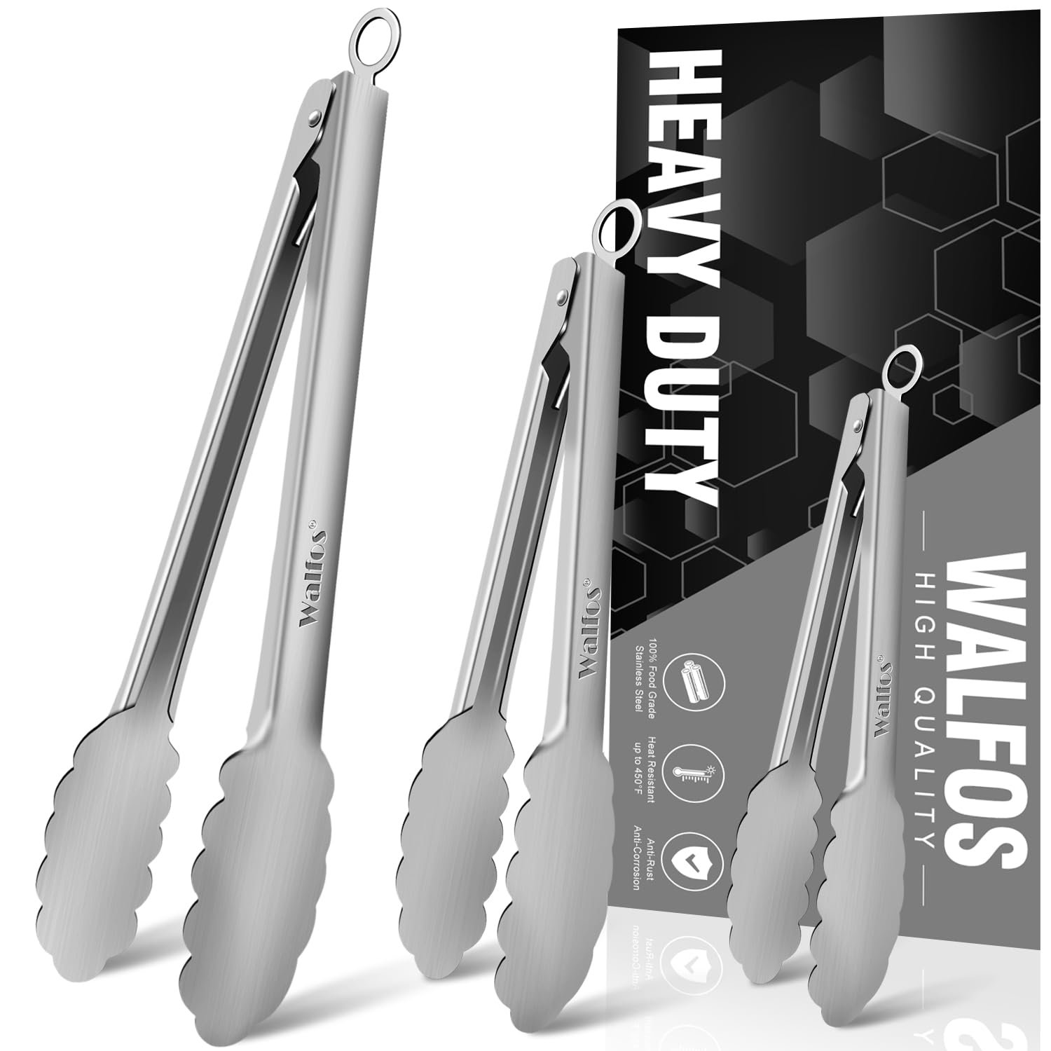 Walfos All Metal Kitchen Tongs for Cooking, BBQ Grilling, 600℉ Heat Resistant Stainless Steel Tongs - Heavy Duty 7 ，9 and 12 Inch Locking Tongs Set of 3