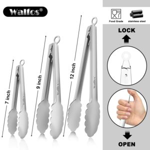 Walfos All Metal Kitchen Tongs for Cooking, BBQ Grilling, 600℉ Heat Resistant Stainless Steel Tongs - Heavy Duty 7 ，9 and 12 Inch Locking Tongs Set of 3