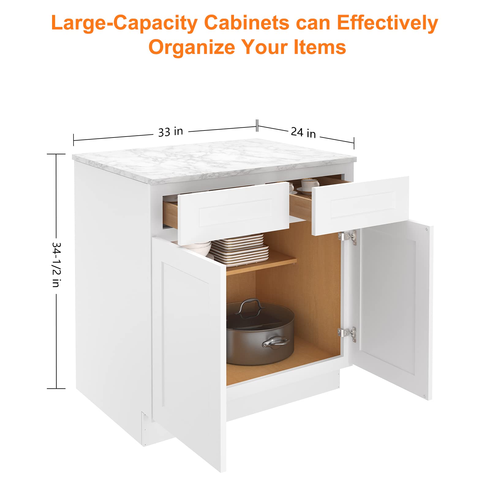 ROOMTEC Kitchen Base Cabinets, Sideboard Storage Cabinet, Entryway Cabinet with Soft Closing Doors 33" W X 24" D X 34-1/2"H