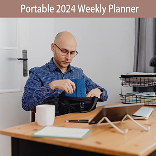 2024 Weekly Planner - Annual Weekly & Monthly Agenda Planner with Monthly Tabs, Jan - Dec 2024, Leather Cover, Thick Paper, A5 Calendar 5.9" x 8.26" (Weekly-Blue)