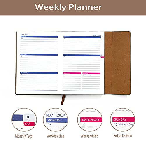 2024 Weekly Planner - Annual Weekly & Monthly Agenda Planner with Monthly Tabs, Jan - Dec 2024, Leather Cover, Thick Paper, A5 Calendar 5.9" x 8.26" (Weekly-Blue)