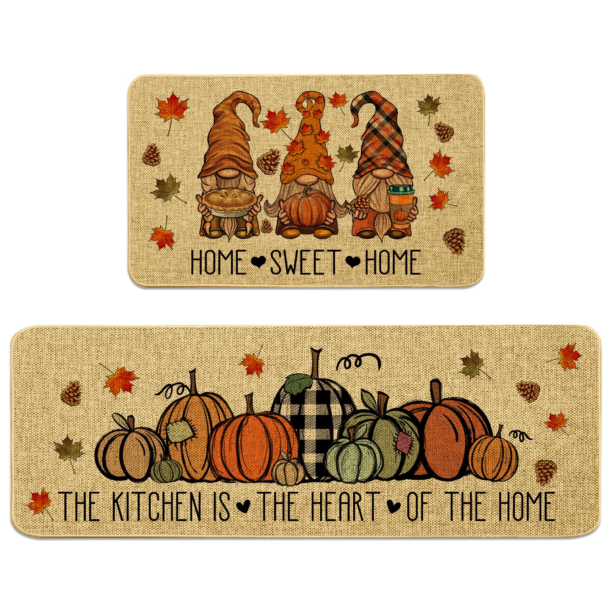 KORVITA Fall Kitchen Rugs - 2 Piece Thanksgiving Day Pumpkin Kitchen Mats The Kitchen is The Heart of The Home Non-Slip Rugs Home Sweet Home Decoration Doormat (17" x 29" + 17" x 47")