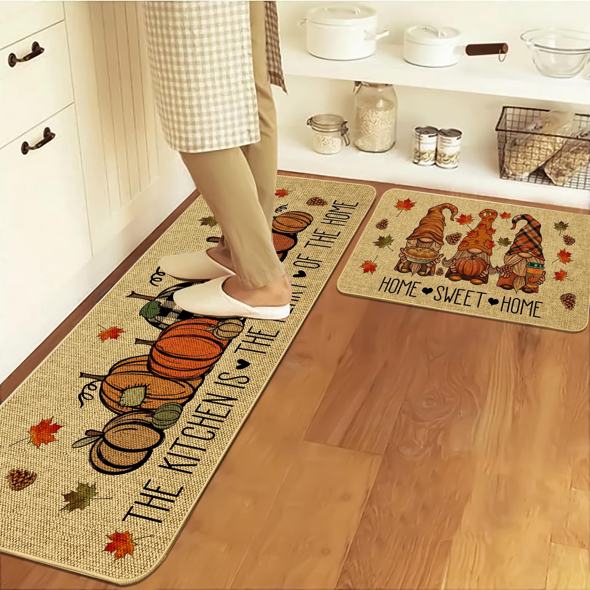 KORVITA Fall Kitchen Rugs - 2 Piece Thanksgiving Day Pumpkin Kitchen Mats The Kitchen is The Heart of The Home Non-Slip Rugs Home Sweet Home Decoration Doormat (17" x 29" + 17" x 47")