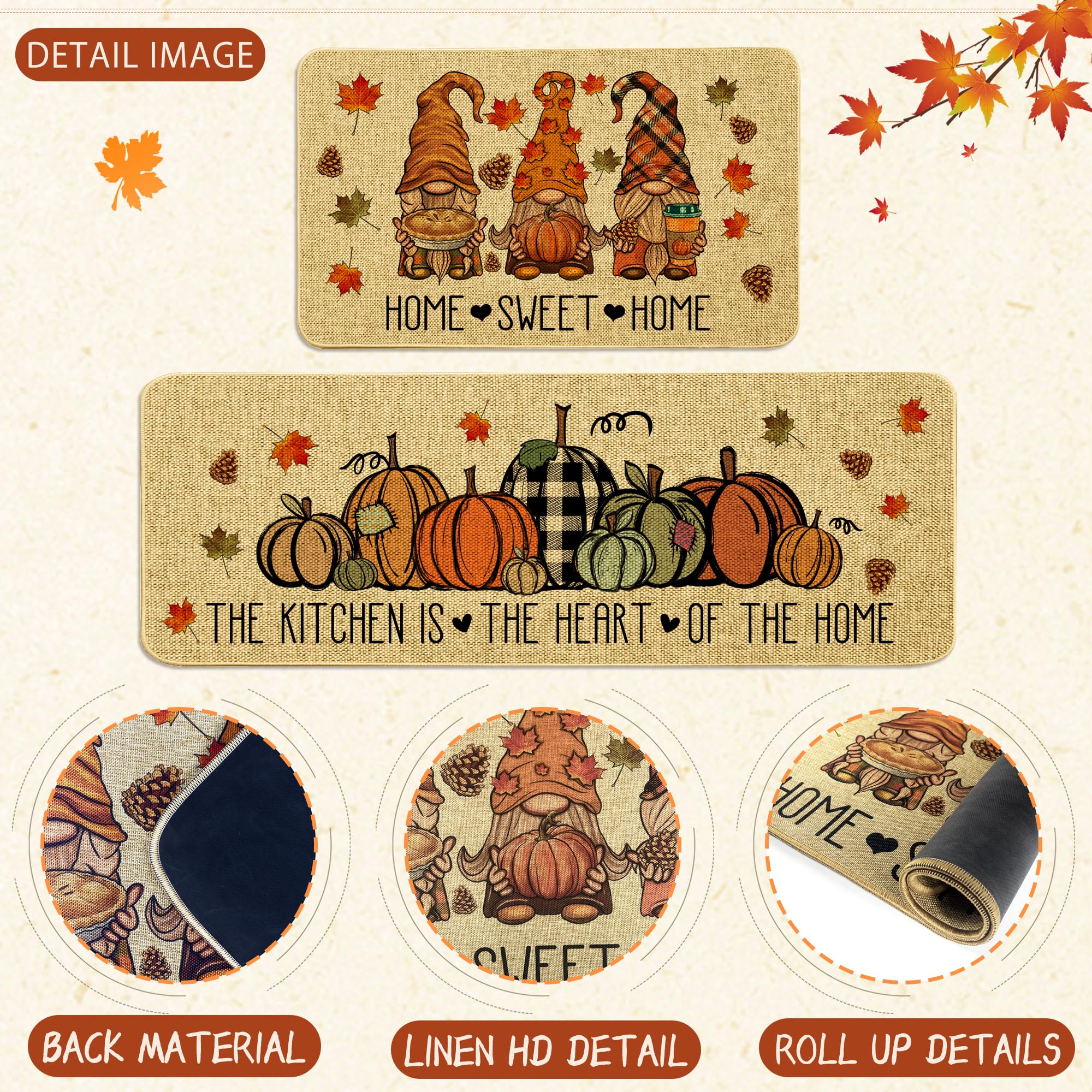 KORVITA Fall Kitchen Rugs - 2 Piece Thanksgiving Day Pumpkin Kitchen Mats The Kitchen is The Heart of The Home Non-Slip Rugs Home Sweet Home Decoration Doormat (17" x 29" + 17" x 47")