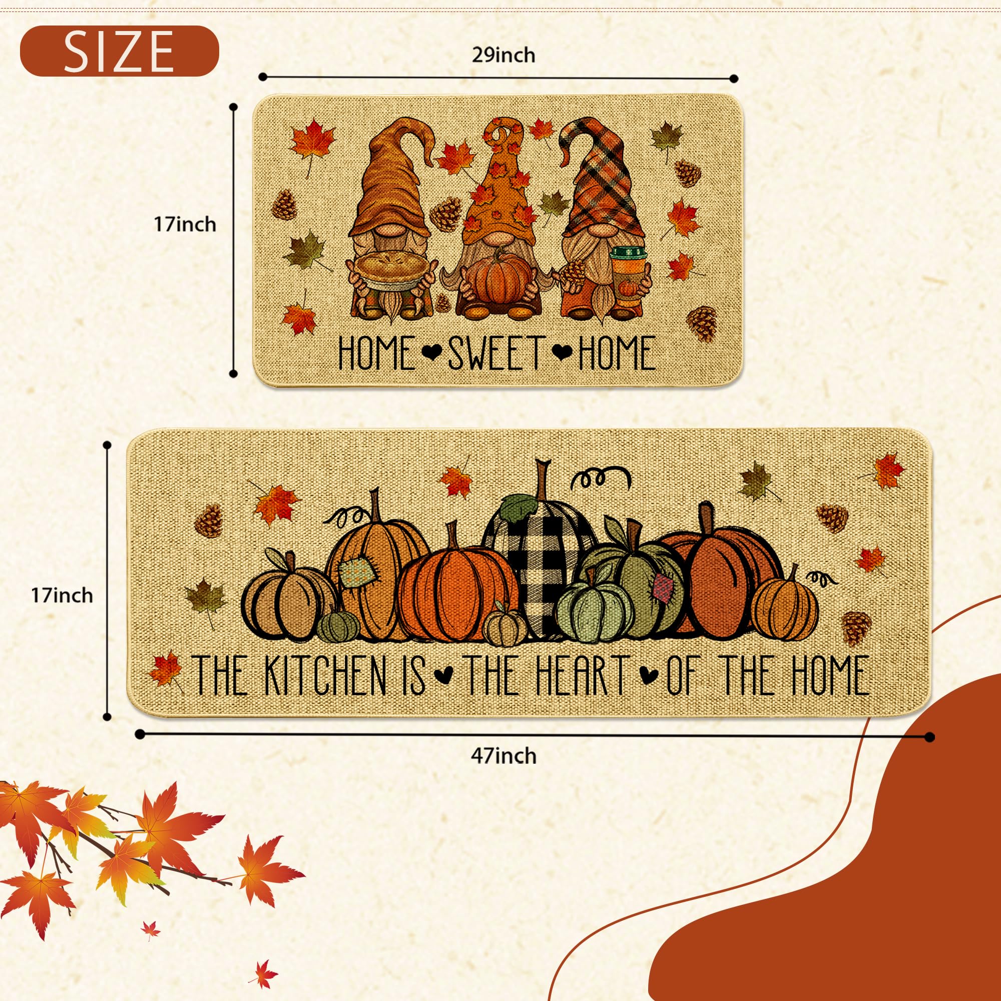 KORVITA Fall Kitchen Rugs - 2 Piece Thanksgiving Day Pumpkin Kitchen Mats The Kitchen is The Heart of The Home Non-Slip Rugs Home Sweet Home Decoration Doormat (17" x 29" + 17" x 47")