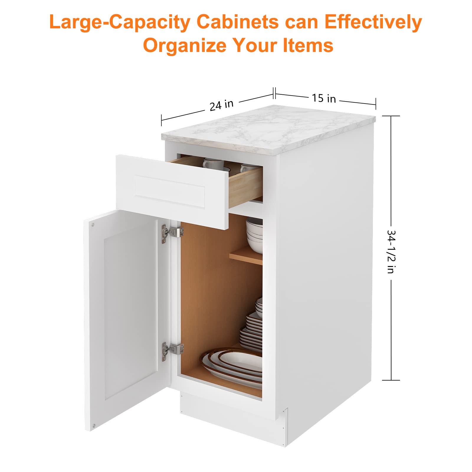 ROOMTEC Kitchen Base Cabinets, Sideboard Storage Cabinet, Entryway Cabinet with Soft Closing Doors 15" W X 24" D X 34-1/2"H