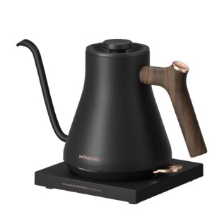 Gooseneck Electric Kettle INTASTING Fast Boiling Hot Water, Pour-over Coffee & Tea, 100% Stainless Steel, 0.9L/30oz, Auto Shut-Off & Boil Dry Protection, Matte Black with Dark Brown Wood Handle