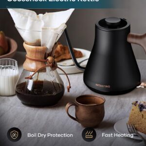 Gooseneck Electric Kettle INTASTING Fast Boiling Hot Water, Pour-over Coffee & Tea, 100% Stainless Steel, 0.9L/30oz, Auto Shut-Off & Boil Dry Protection, Matte Black with Dark Brown Wood Handle