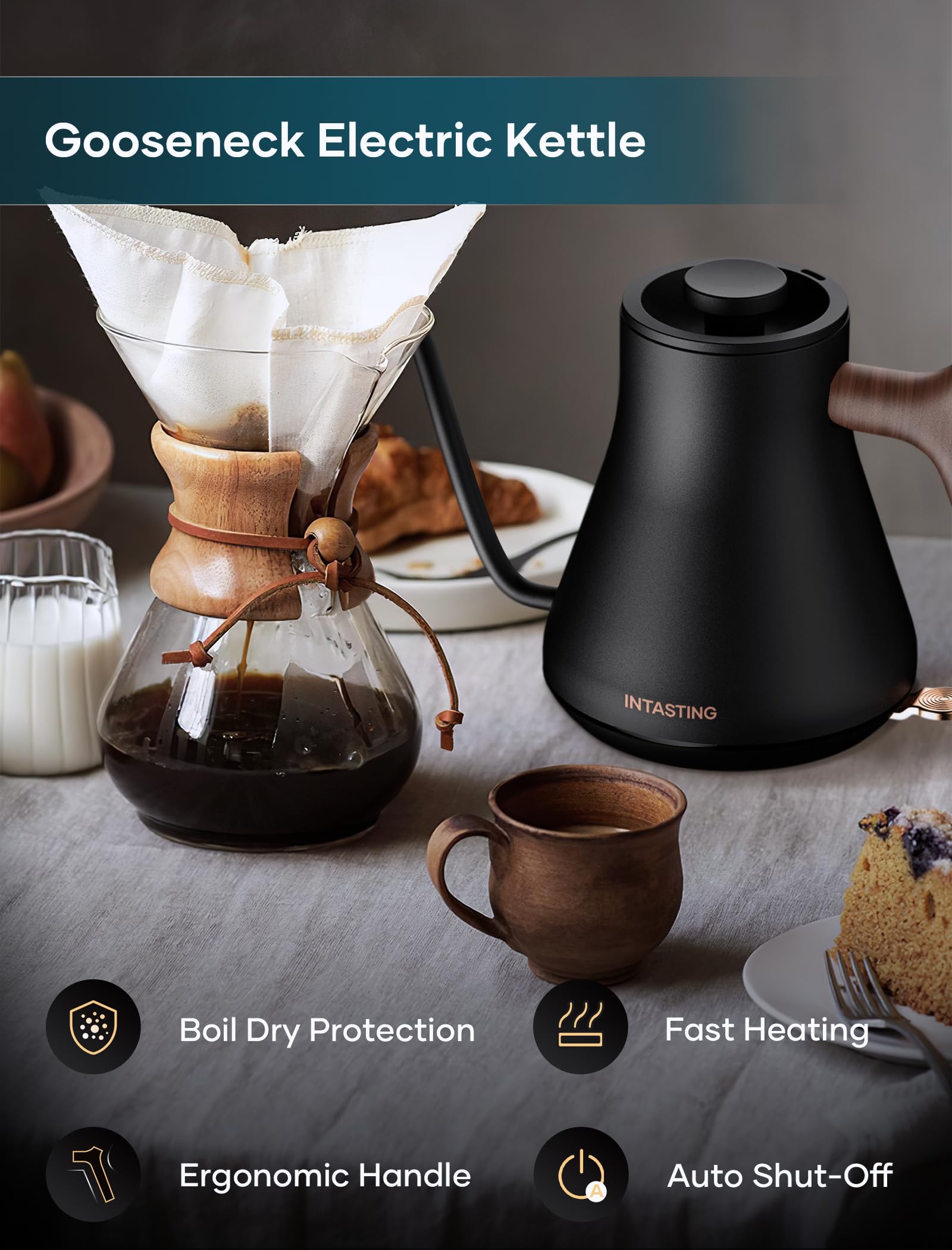 Gooseneck Electric Kettle INTASTING Fast Boiling Hot Water, Pour-over Coffee & Tea, 100% Stainless Steel, 0.9L/30oz, Auto Shut-Off & Boil Dry Protection, Matte Black with Dark Brown Wood Handle