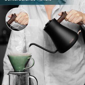 Gooseneck Electric Kettle INTASTING Fast Boiling Hot Water, Pour-over Coffee & Tea, 100% Stainless Steel, 0.9L/30oz, Auto Shut-Off & Boil Dry Protection, Matte Black with Dark Brown Wood Handle