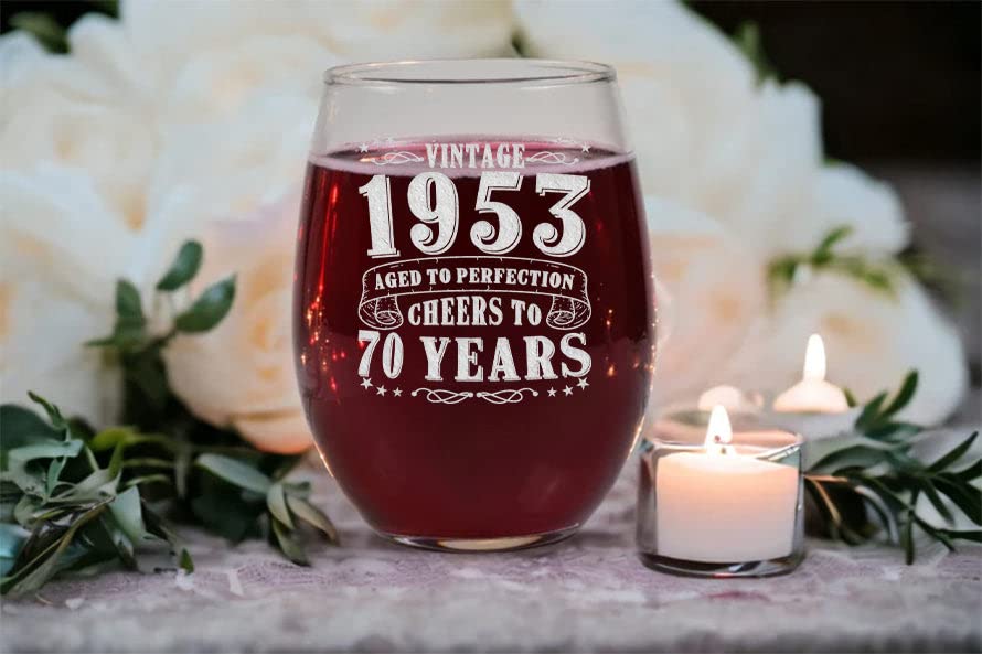 JohnPartners993 70Th Birthday Aged To Perfection - Vintage 1953 Engraved Wine Glass - 1953 70Th Birthday Gifts For Men - Vintage Wine Glasses - Present Ideas For Her Him