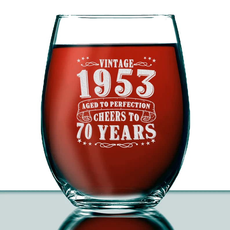 JohnPartners993 70Th Birthday Aged To Perfection - Vintage 1953 Engraved Wine Glass - 1953 70Th Birthday Gifts For Men - Vintage Wine Glasses - Present Ideas For Her Him