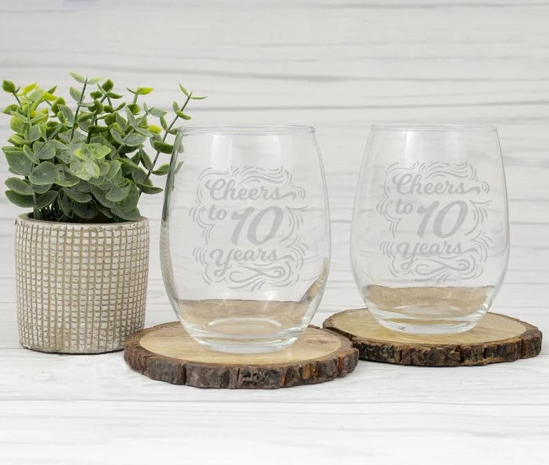 JohnPartners993 Cheers To 10 Years Wine Glass - Etched Sayings - Gift To Celebrate Wedding - Business - Or Work Anniversary - Gift For Him Her Couple