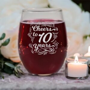 JohnPartners993 Cheers To 10 Years Wine Glass - Etched Sayings - Gift To Celebrate Wedding - Business - Or Work Anniversary - Gift For Him Her Couple