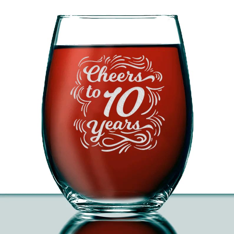 JohnPartners993 Cheers To 10 Years Wine Glass - Etched Sayings - Gift To Celebrate Wedding - Business - Or Work Anniversary - Gift For Him Her Couple