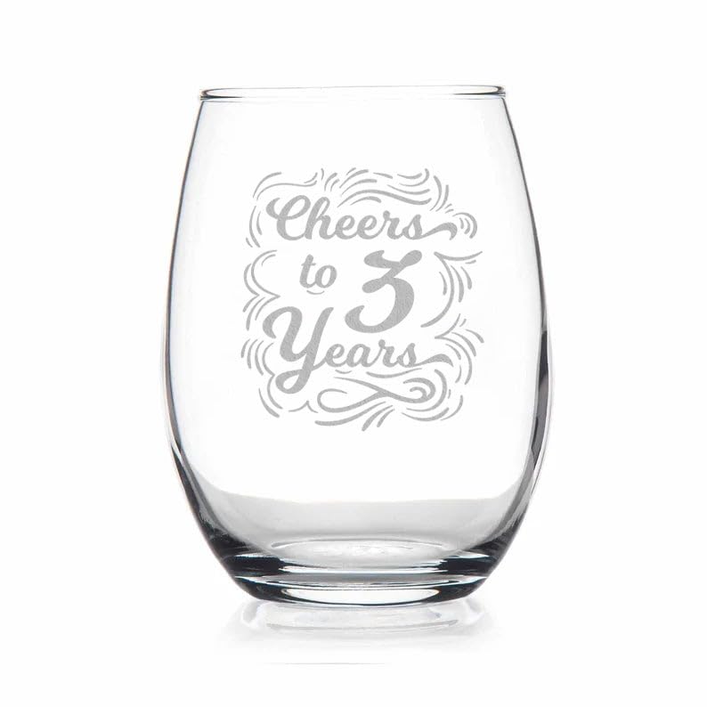 JohnPartners993 Cheers To 3 Years Wine Glass - Etched Sayings - Gift To Celebrate Wedding - Business - Or Work Anniversary - Gift For Him Her Couple