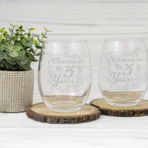 JohnPartners993 Cheers To 3 Years Wine Glass - Etched Sayings - Gift To Celebrate Wedding - Business - Or Work Anniversary - Gift For Him Her Couple