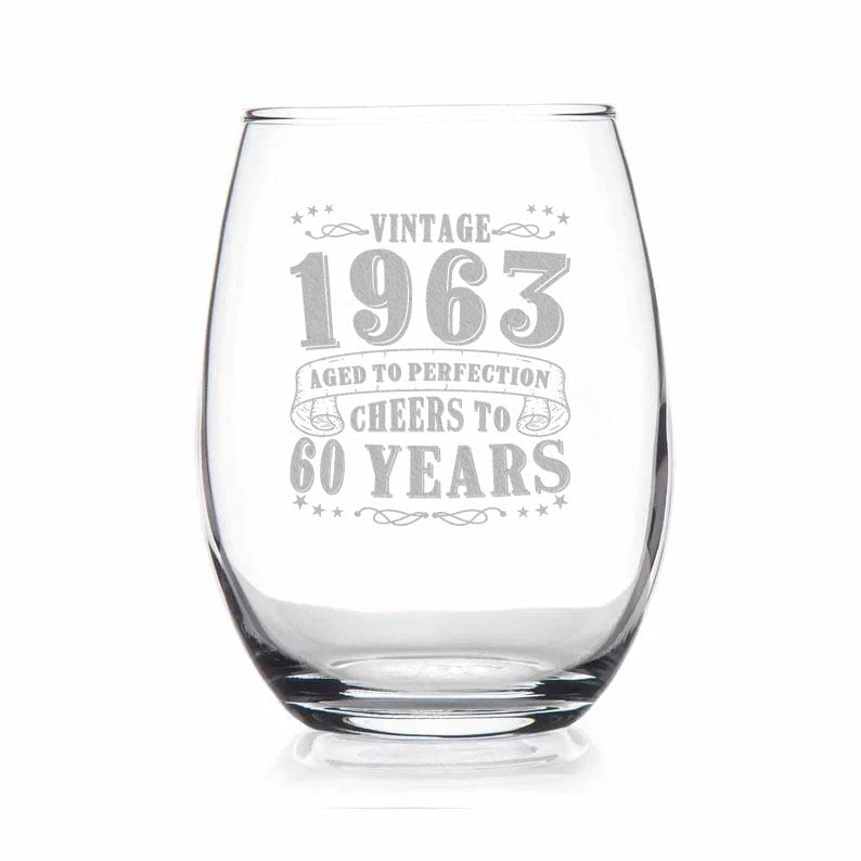 JohnPartners993 60Th Birthday Aged To Perfection - Vintage 1963 Engraved Wine Glass - 1963 60Th Birthday Gifts For Men - Vintage Wine Glasses - Present Ideas For Her Him