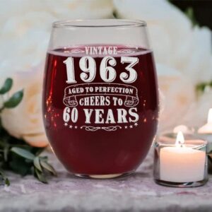 JohnPartners993 60Th Birthday Aged To Perfection - Vintage 1963 Engraved Wine Glass - 1963 60Th Birthday Gifts For Men - Vintage Wine Glasses - Present Ideas For Her Him