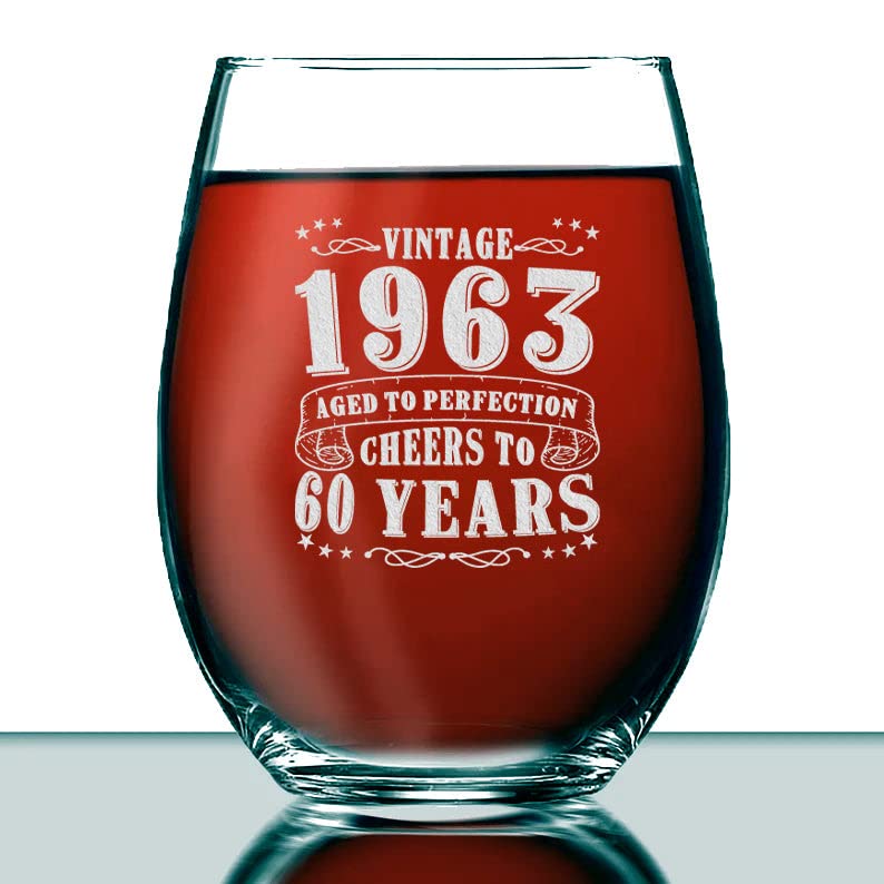 JohnPartners993 60Th Birthday Aged To Perfection - Vintage 1963 Engraved Wine Glass - 1963 60Th Birthday Gifts For Men - Vintage Wine Glasses - Present Ideas For Her Him