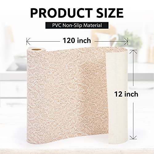 FIFTY FEET 12X120 Inch Shelf Liner with Scissor & Tape Measure for Kitchen Cabinets, PVC Drawer Liner for Dresser Non-Slip Bathroom, Non-Adhesive Cabinet Liner Washable (Chocolate Cream Color)