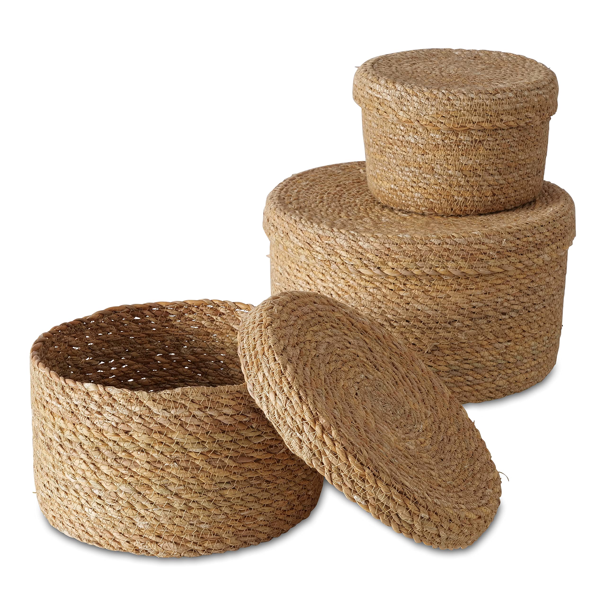 Seagrass Basket Boxes with Lids, Set of 3, Circular, Coiled Wicker Weave, Natural Seagrass, Made by Hand, 6, 7.75, and 9.75 Inches in Diameter