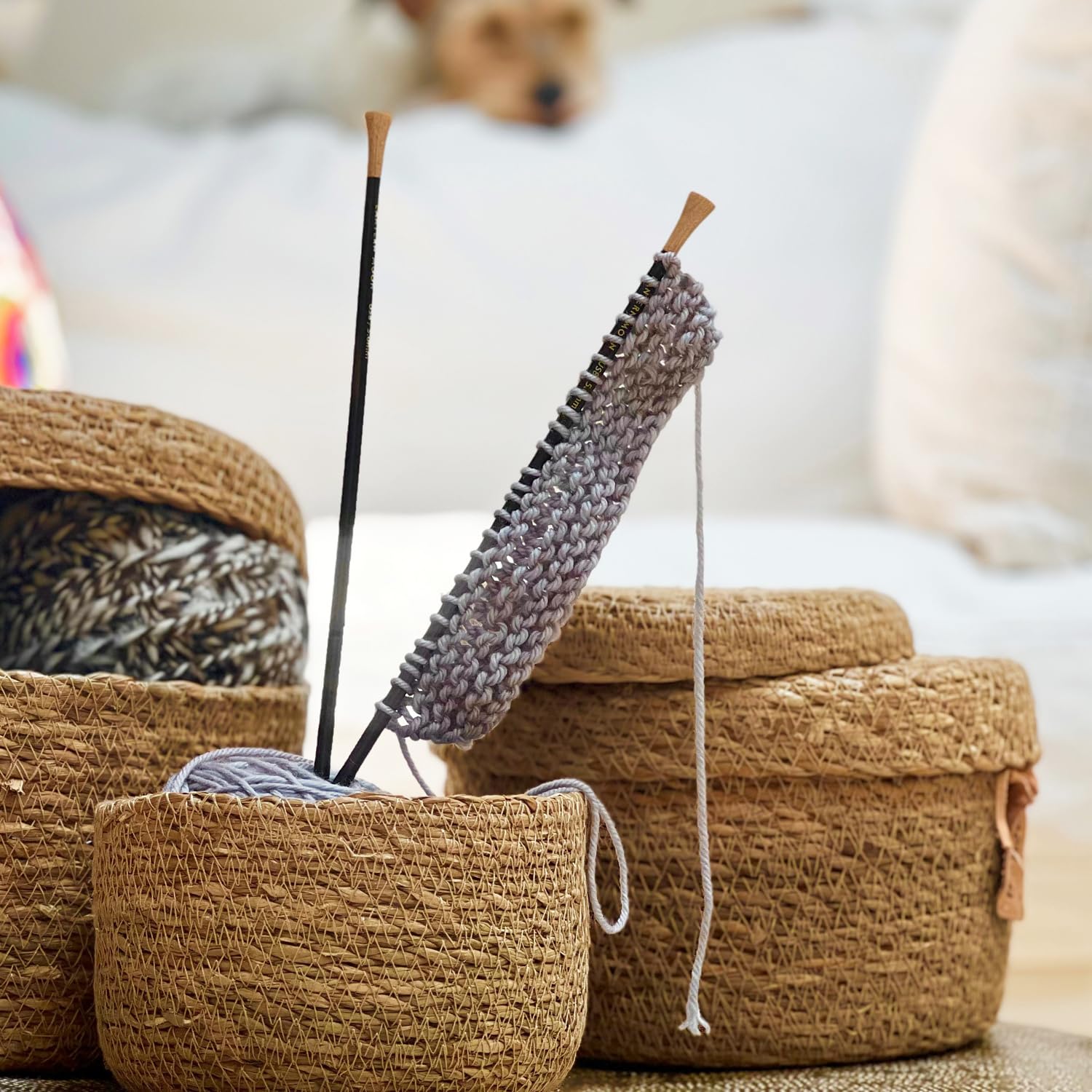 Seagrass Basket Boxes with Lids, Set of 3, Circular, Coiled Wicker Weave, Natural Seagrass, Made by Hand, 6, 7.75, and 9.75 Inches in Diameter