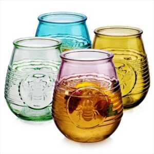 glaver's set of 4 20 oz. colored tumblers, multicolor embossed bumble bee wine glasses, vintage drinking glasses, tumblers for all you favorite cocktails and beverages, handwash only