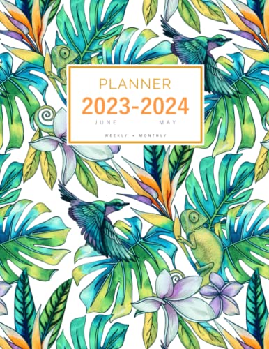 Planner 2023-2024: 8.5 x 11 Weekly and Monthly Organizer from June 2023 to May 2024 | Tropical Plant Lizard Bird Design White