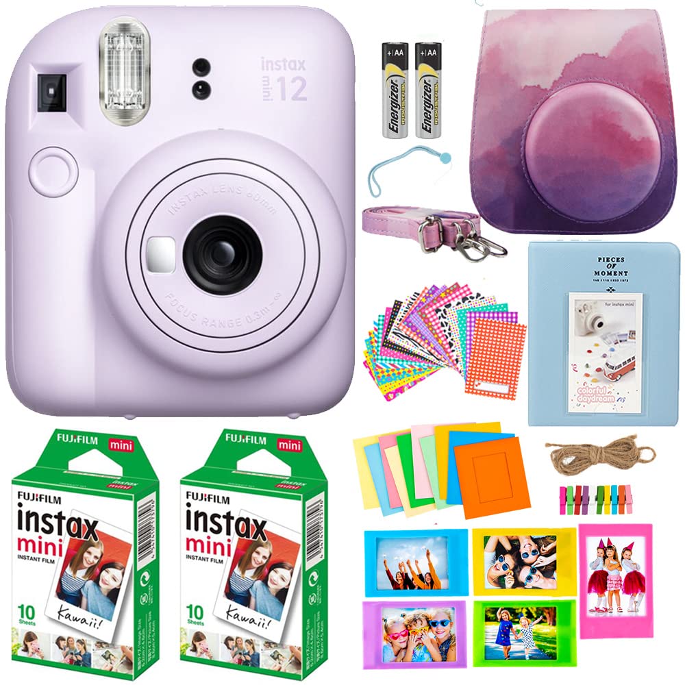 Fujifilm Instax Mini 12 Instant Camera with Fujifilm Instant Mini Film (20 Sheets) with Accessories Including Compatible Case with Strap, Photo Album, Stickers, Frames Bundle (Lilac Purple)