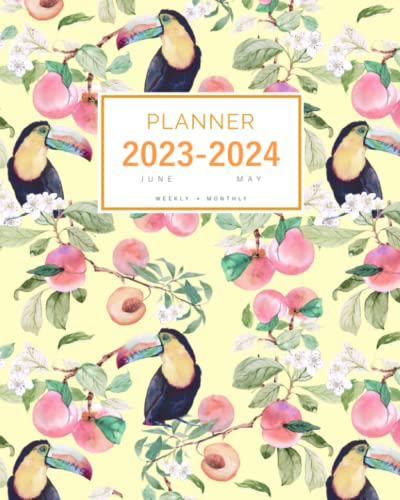 Planner 2023-2024: 8x10 Weekly and Monthly Organizer Large from June 2023 to May 2024 | Vintage Rose Wildflower Berry Design Yellow