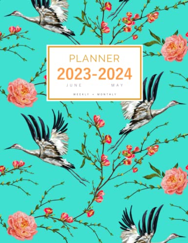 Planner 2023-2024: 8.5 x 11 Weekly and Monthly Organizer from June 2023 to May 2024 | Traditional Japanese Bird Flower Design Turquoise