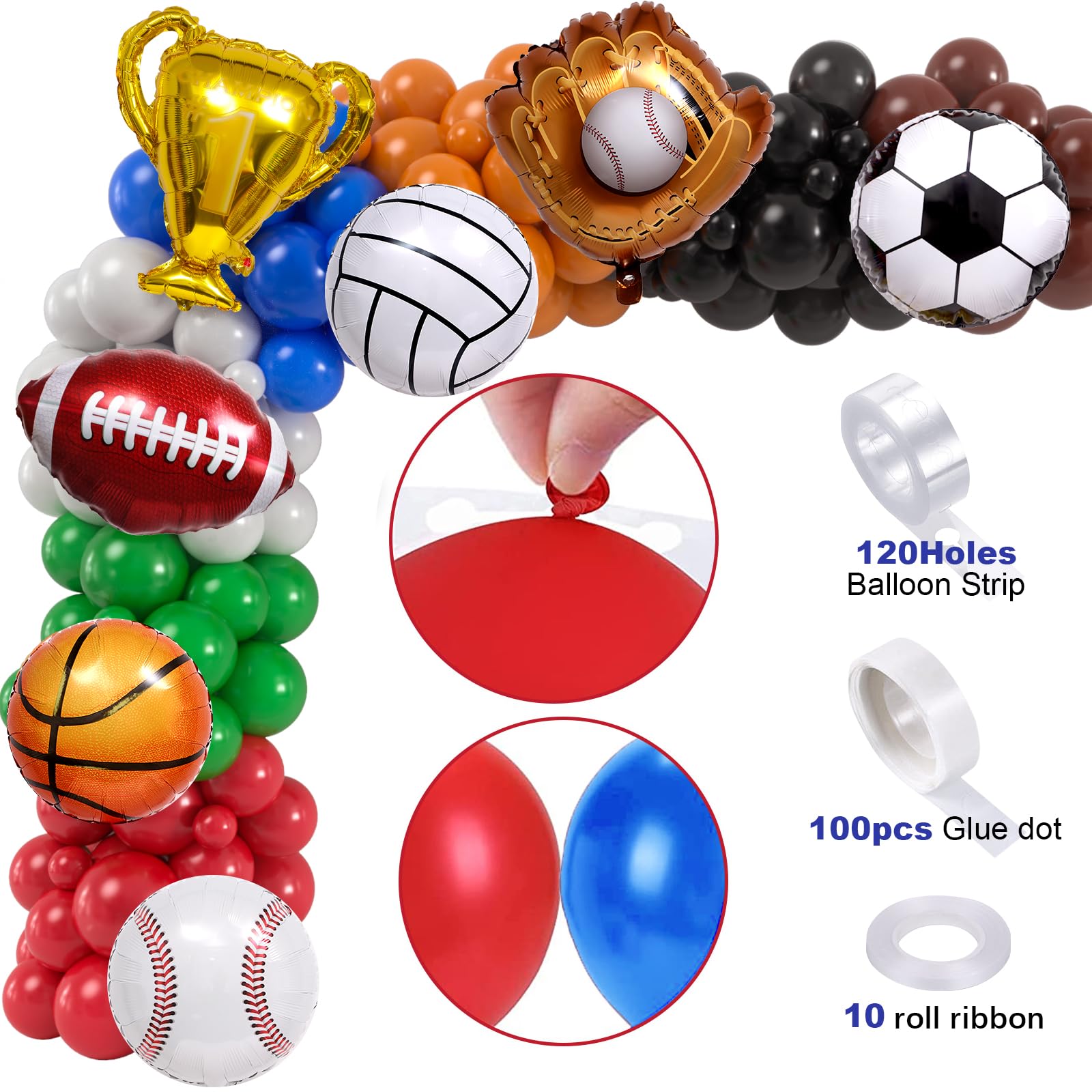 Winrayk 131Pcs Sports Birthday Party Decorations Supplies Sports Balloon Arch Backdrop Tablecloth Trophy Football Soccer Baseball Glove Basketball Volleyball Kids Sports Themed Birthday Party Supplies