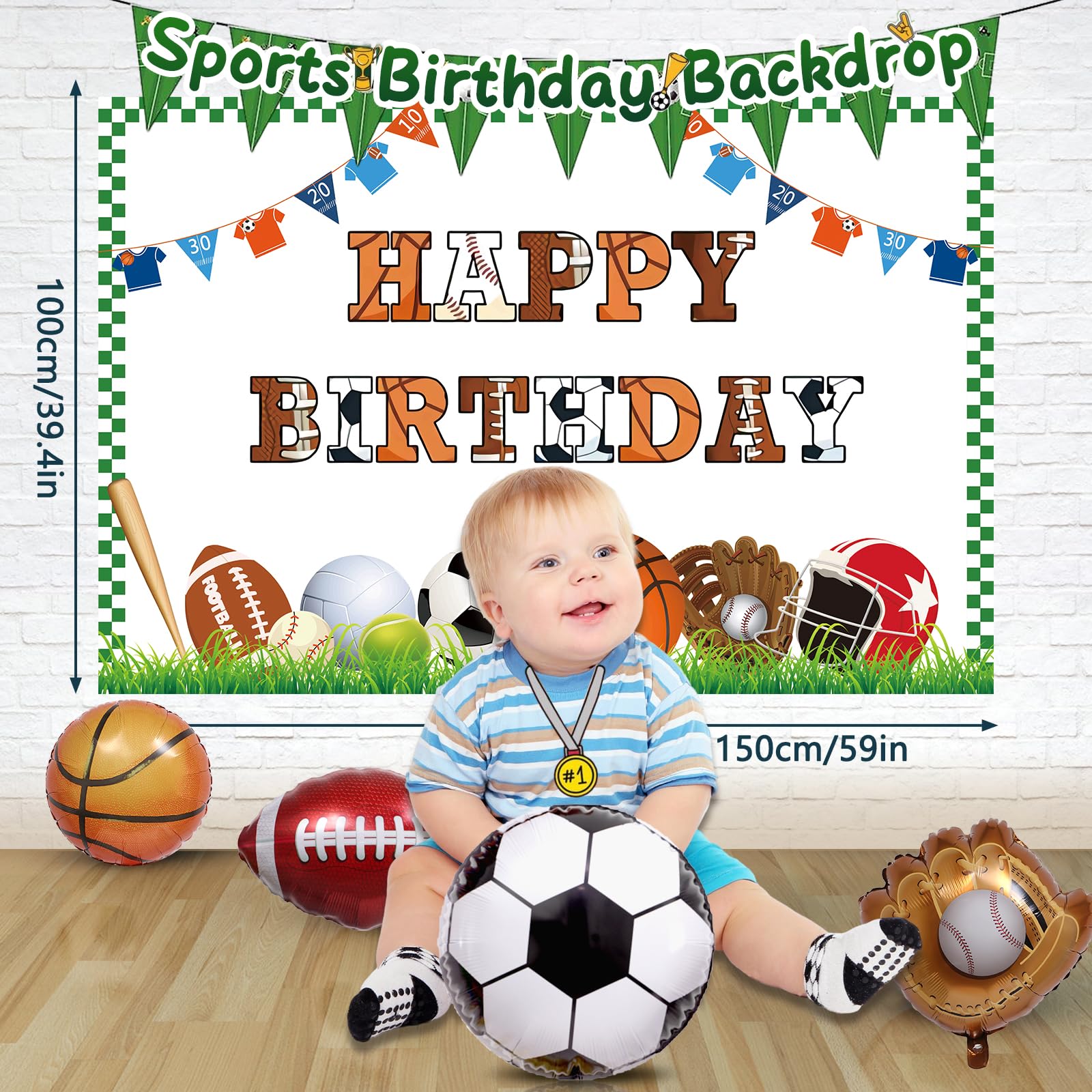 Winrayk 131Pcs Sports Birthday Party Decorations Supplies Sports Balloon Arch Backdrop Tablecloth Trophy Football Soccer Baseball Glove Basketball Volleyball Kids Sports Themed Birthday Party Supplies