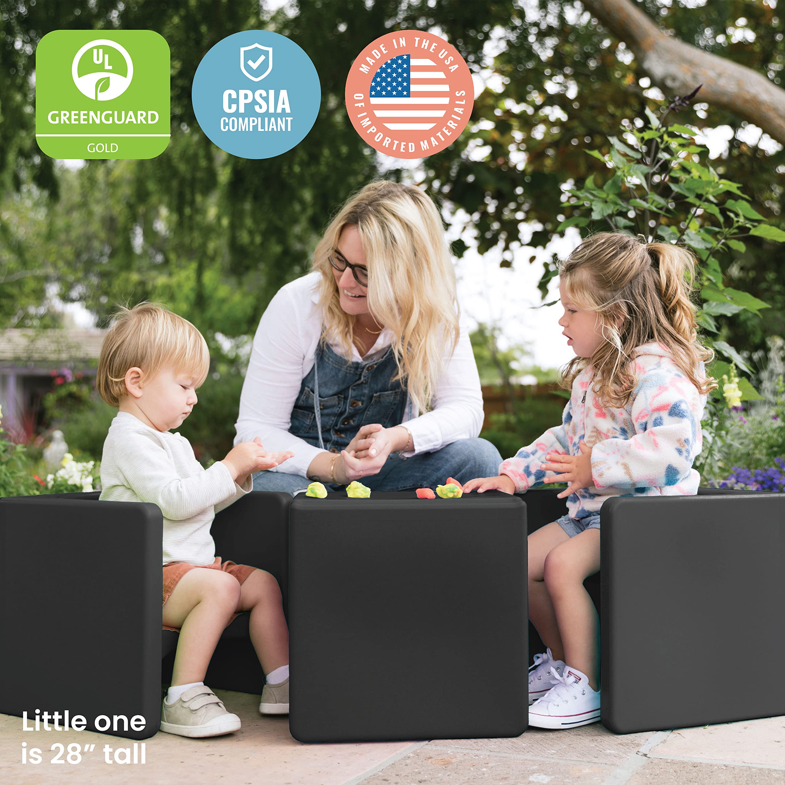 ECR4Kids Tri-Me Table and Cube Chair Set, Multipurpose Furniture, Black, 3-Piece