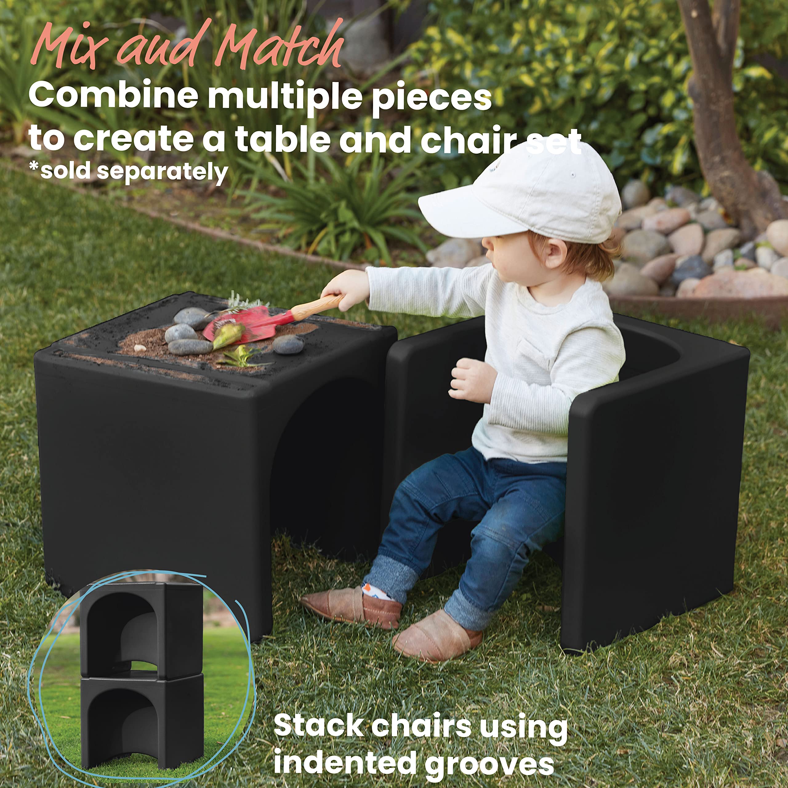 ECR4Kids Tri-Me Table and Cube Chair Set, Multipurpose Furniture, Black, 3-Piece