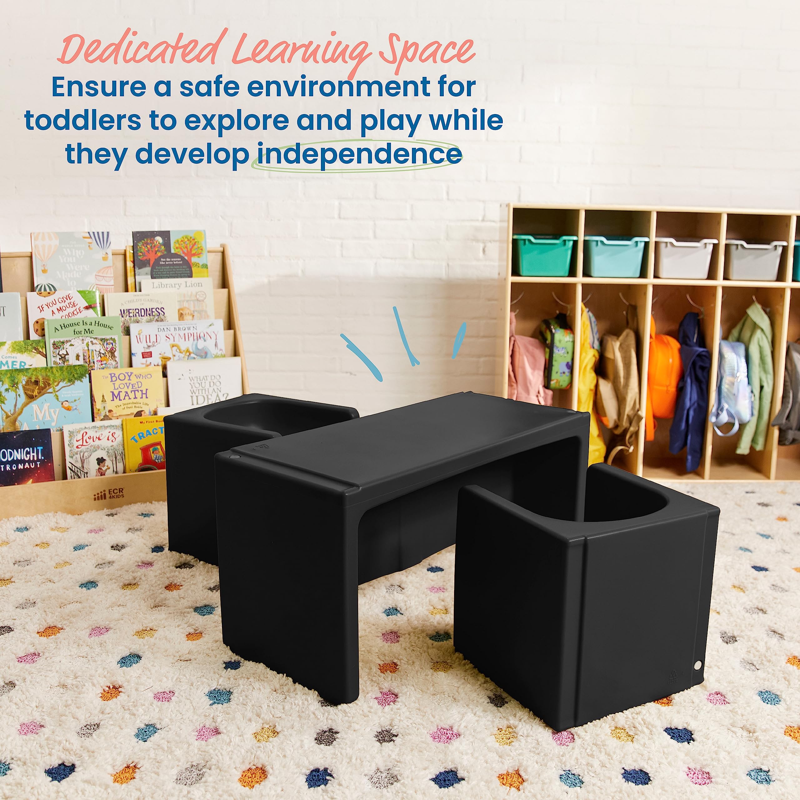 ECR4Kids Tri-Me Table and Cube Chair Set, Multipurpose Furniture, Black, 3-Piece