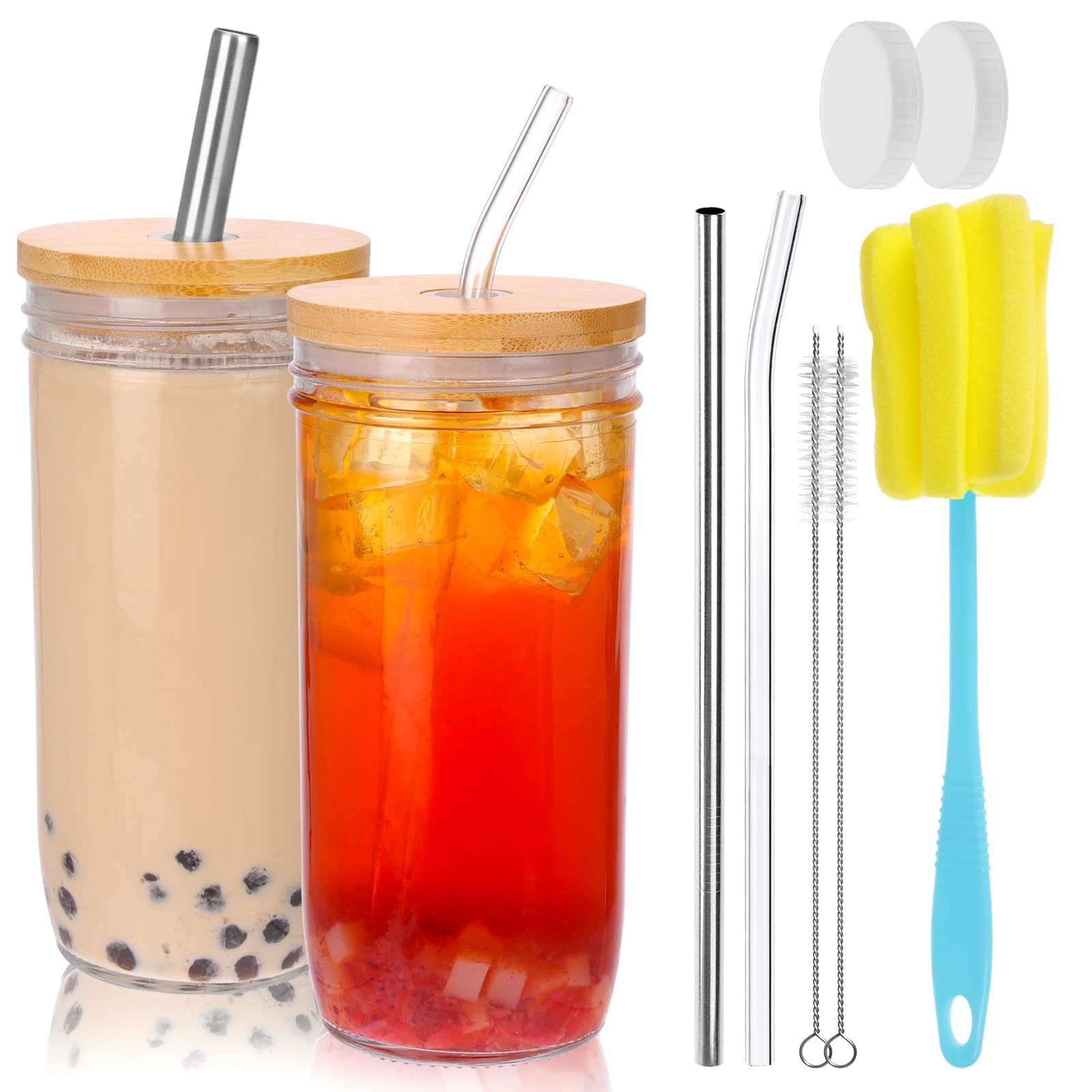 Moretoes 2pcs 24oz Glass Cups with Lids and Straws, Mason Jar Glass Cups, Glass Iced Coffee Cups Set for Jumbo Smoothie, Bubble Tea, Cold Brew, Soda,