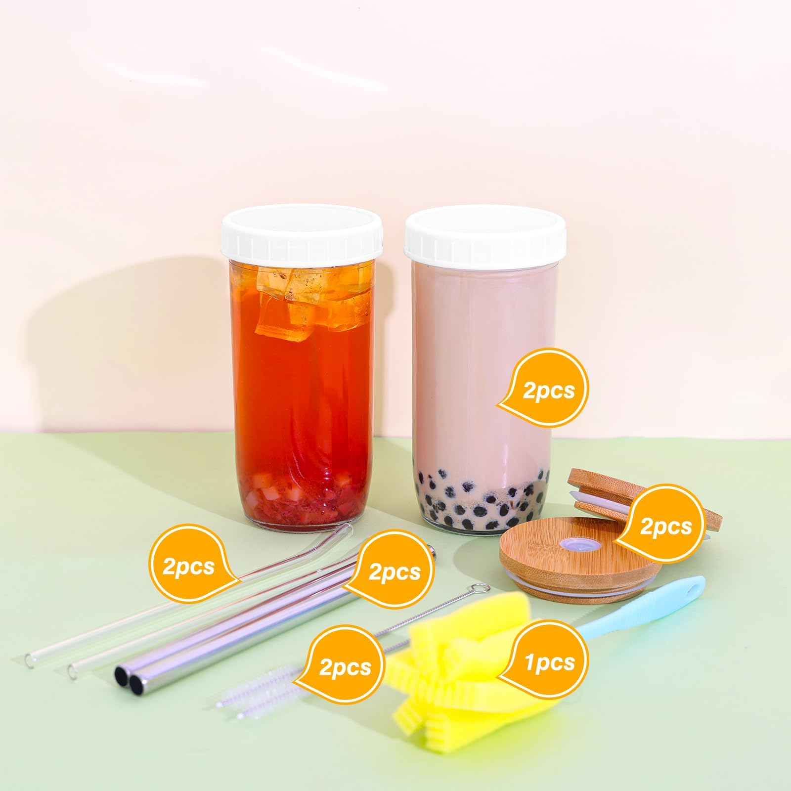 Moretoes 2pcs 24oz Glass Cups with Lids and Straws, Mason Jar Glass Cups, Glass Iced Coffee Cups Set for Jumbo Smoothie, Bubble Tea, Cold Brew, Soda,